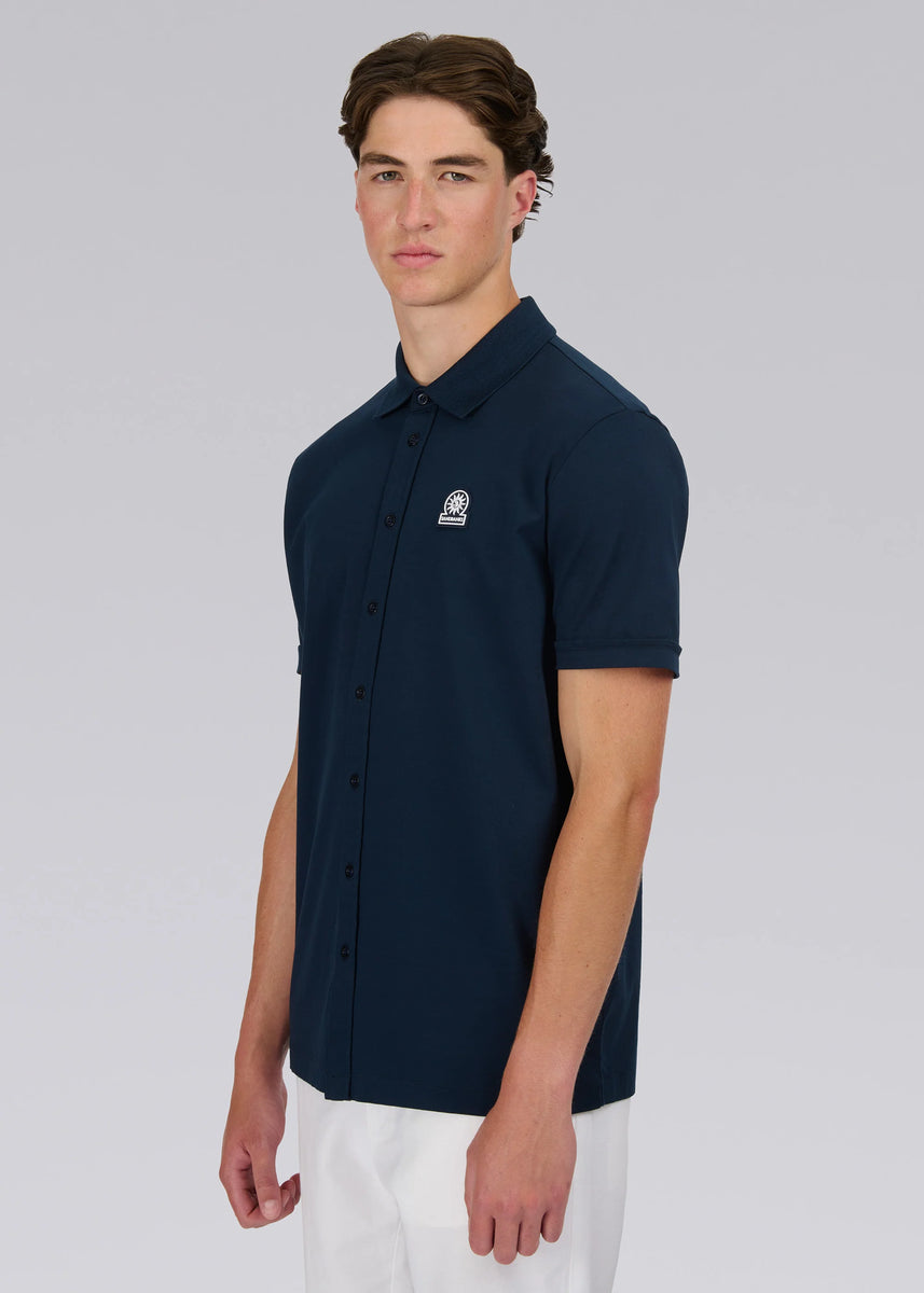 Men's Sandbanks Navy Interlock Full Button Polo Shirt