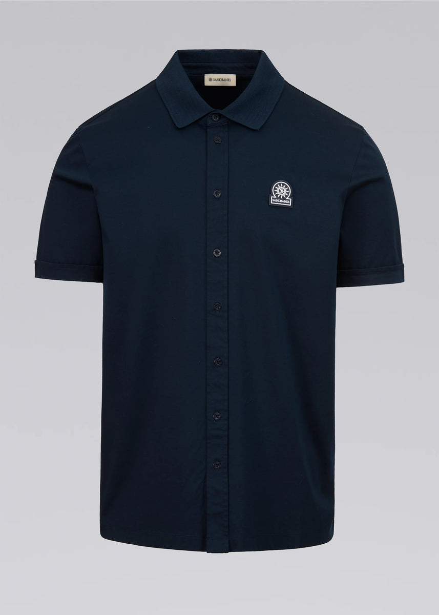 Men's Sandbanks Navy Interlock Full Button Polo Shirt